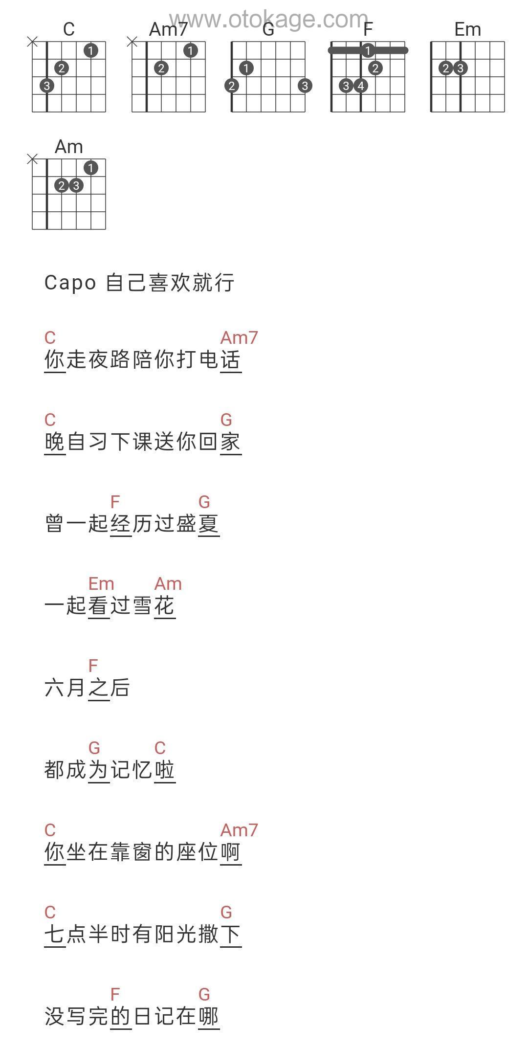梅新杨《日记吉他谱》C调_完美节奏编排 - 美妙音符